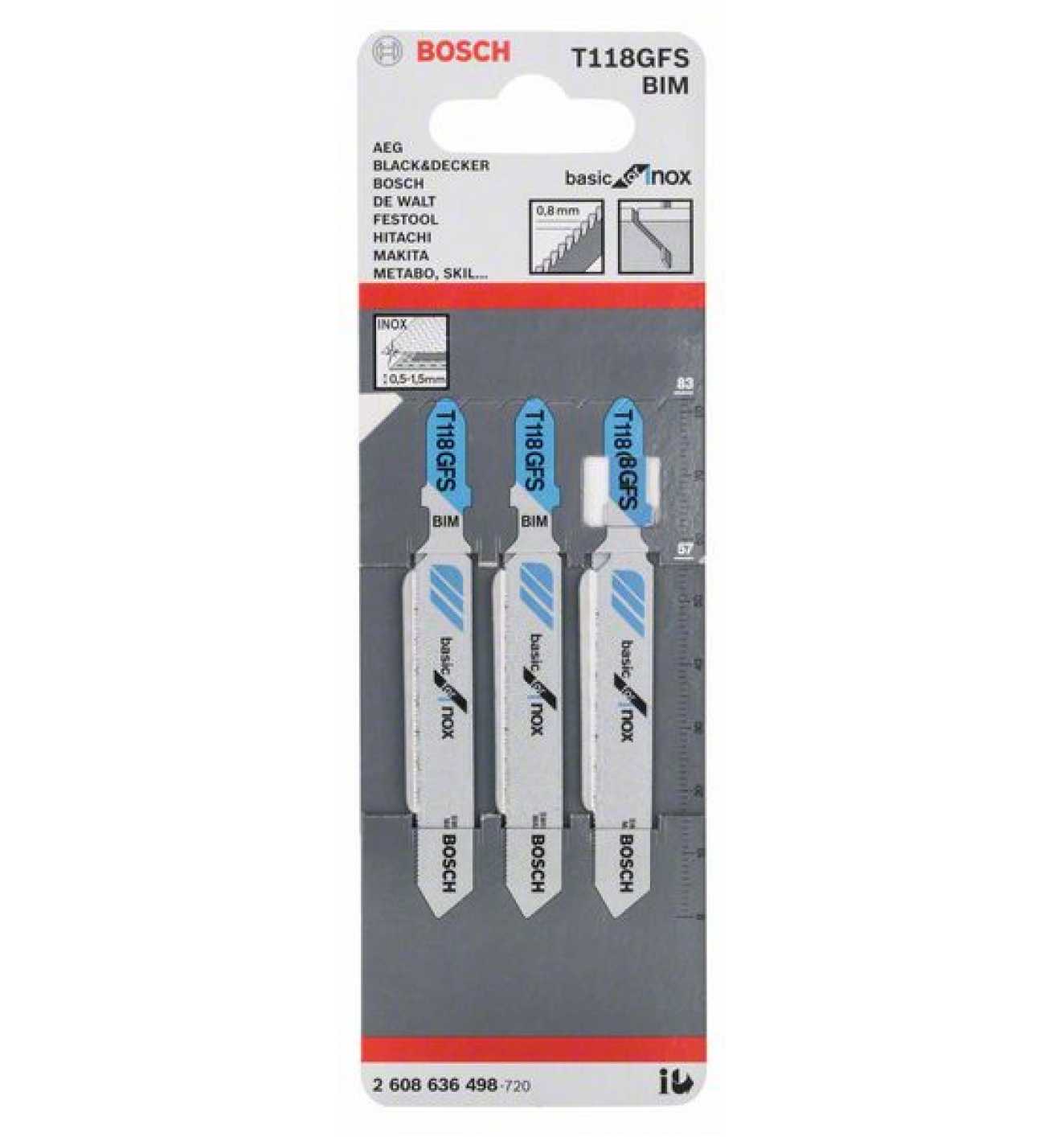 Bosch Jigsaw Blades T 118 GFS Basic for INOX 3 Pack 2608636498